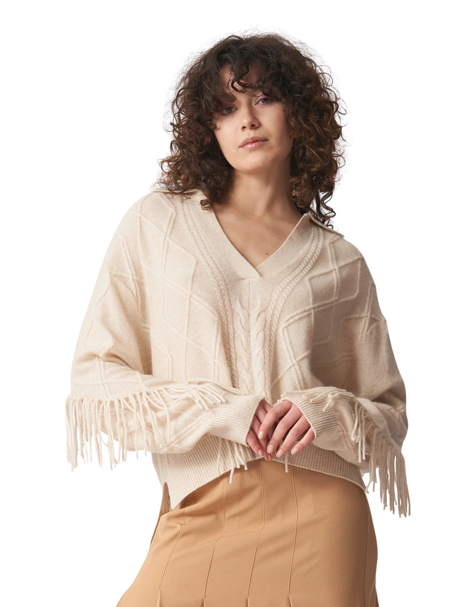 Brodie Fine Cashmere Eliza Cable Polo Sweater- Antique White – Styleartist